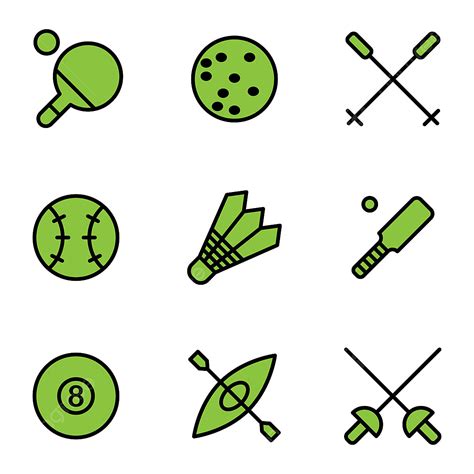 스포츠 아이콘 세트 탁구 필드 게임 플레이 경쟁 스키 스포츠 스틱 야구 스포츠 배드민턴 라켓 크리켓 당구 큐 카약 보트 공격