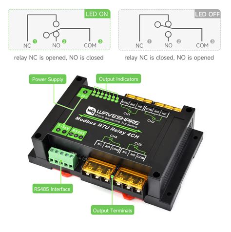 Industrial Modbus Rtu 4 Ch Relay Module Rs485 30a Led Indicators