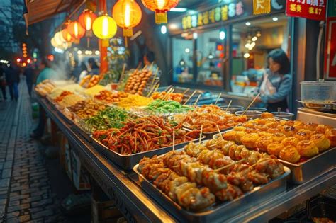 A Bustling Asian Street Food Market With Vibrant Stalls And Diverse