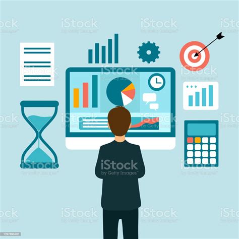 사업가 투자자 및 비즈니스 마케팅 계획 개념 재무 차트 평면 설계의 데이터 분석 벡터 컴퓨터 화면에 재무 보고서 계산기에 대한