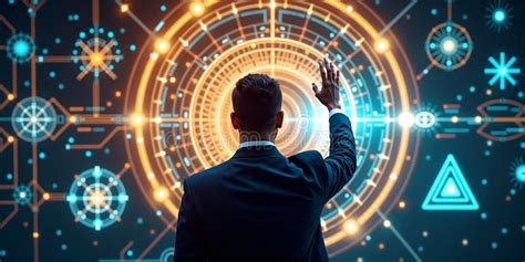 Businessman Looking At Futuristic Digital Circle Interface Technology Concept Stock