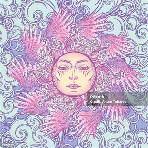 완벽 한 패턴입니다 원형 모양에 Birdwings Arrangen에 의해 포위 하는 인간의 얼굴을 가진 동화 스타일 태양 성경 천사 님입니다 연속무늬에 대한 스톡 벡터 아트