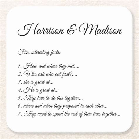 Wedding Script Names Couple Fun Facts Elegant Square Paper Coaster