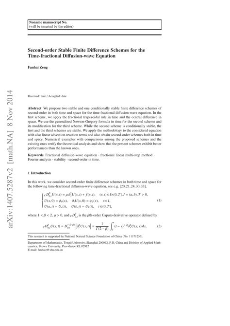 PDF Second Order Stable Finite Difference Schemes For The Time Fractional Diffusion Wave Equation