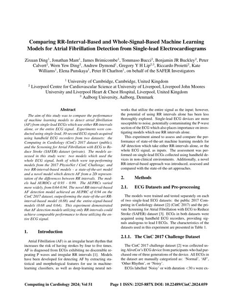 Pdf Comparing Rr Interval Based And Whole Signal Based Machine Learning Models For Atrial