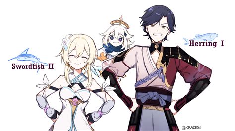 Lumine Paimon And Teppei Genshin Impact Drawn By Kradebii Danbooru