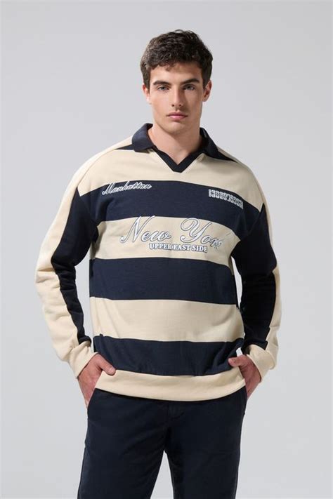 Koaj Buzo Oversize Kaki A Rayas College Con Cuello Polo Hombre Koaj