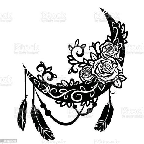 장미와 깃털 로고 흰색 배경에 고립 된 개체로 장식 된 보호 스타일의 초승달 벡터 0명에 대한 스톡 벡터 아트 및 기타 이미지 0명 개념 귀여운 Istock