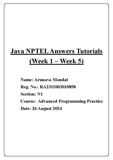 App Tutorial Sheet 1 Java Nptel Answers Tutorials Week 1 Week 5 Name Arunava Mondal Reg