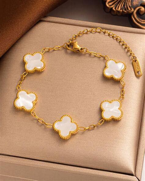 White Four Leaf Clover Bracelet 18k Gold Filled White Clover Bracelet