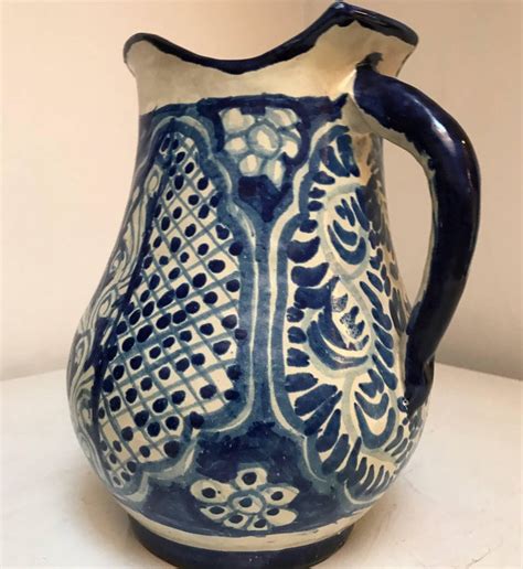 Large Ceramic Mexican Blue And White Talavera Pitcher At 1stdibs
