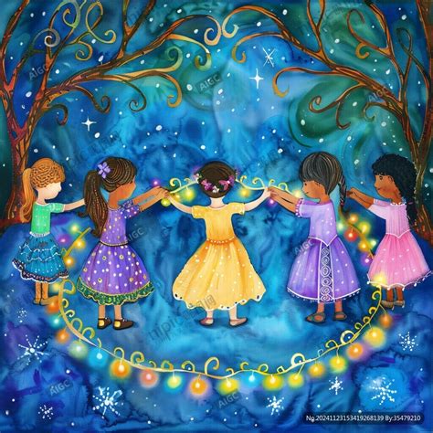 Ai创作图手绘在雪夜跳舞无框画 少儿歌唱插画 森林晚会插画 森林里的小女孩插画 彩绘玩耍的女孩插画 梦幻儿童插画 童年插画梦幻童年 许愿少女绘画 彩绘跳舞的女孩插画 美好童年插画 女孩儿童插画