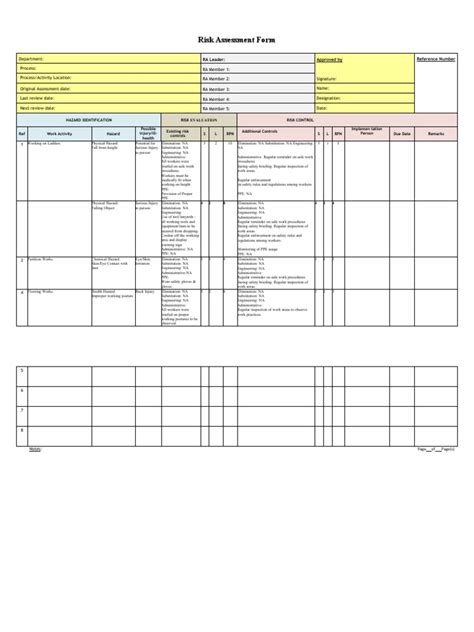 Printable Blank Risk Assessment Form