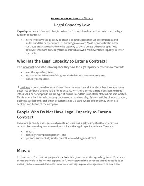 Lecture Notes From Sep 20 Capacity To Enter Into Contracts Lecture Notes From Sep 20th Class