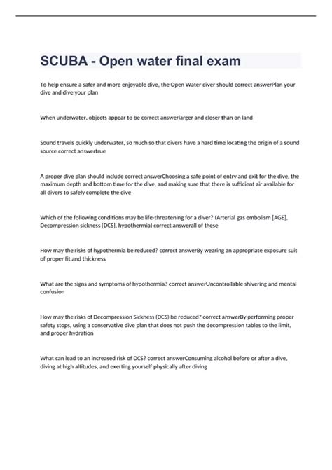 SCUBA Open Water Final Exam 2023 With 100 Correct Answers SCUBA Open Water Stuvia US