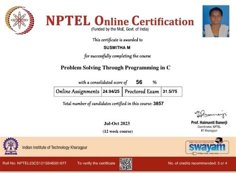 I Have Successfully Completed The Nptel Certification In Problem