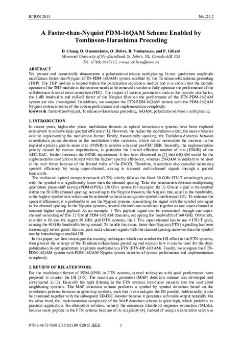 Pdf A Faster Than Nyquist Pdm 16qam Scheme Enabled By Tomlinson Harashima Precoding