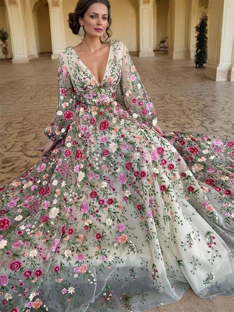 Floral V Neck Long Sleeves Lace Mother Of The Bride Dress
