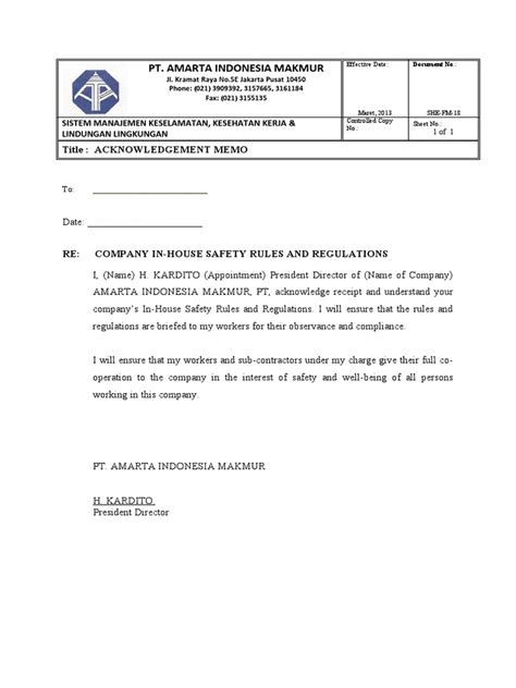 Pt Amarta Indonesia Makmur Title Acknowledgement Memo Pdf