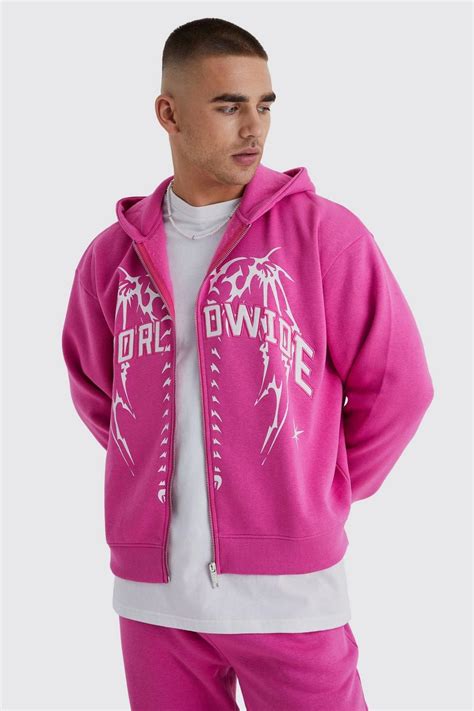 Oversized Boxy Zip Through Worldwide Hoodie Boohoo