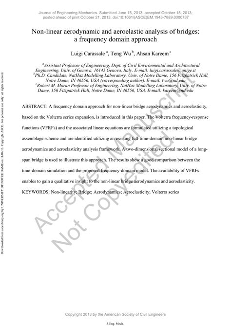 Pdf Non Llinear Aerodynamic And Aeroelastic Analysis Of Bridges A Frequency Domain Approach