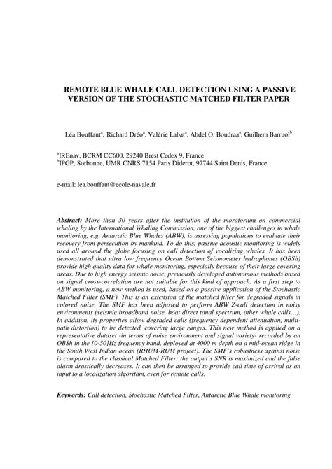 Pdf Remote Blue Whale Call Detection Using A Passive Version Of The Stochastic Matched Filter