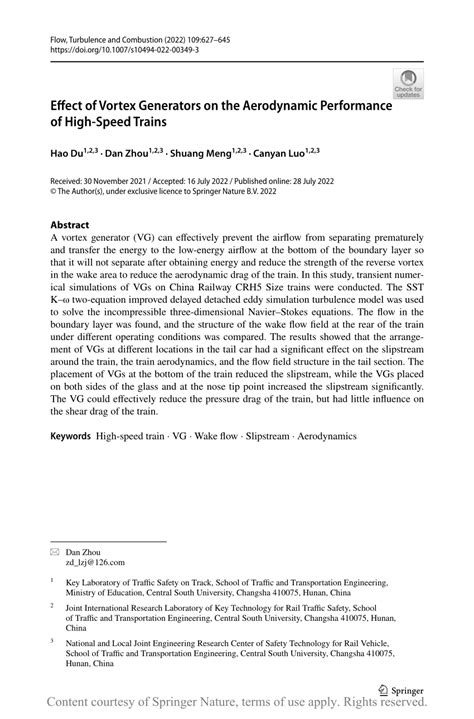 Effect Of Vortex Generators On The Aerodynamic Performance Of High Speed Trains Request Pdf