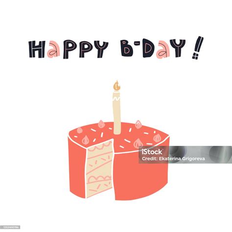 크림 장미 토핑과 촛불 한 조각없이 레터링과 귀여운 핑크 케이크와 생일 축하 인사말 카드 디자인 격리된 배경에 벡터 손으로 그린 그림 과일에 대한 스톡 벡터 아트 및 기타