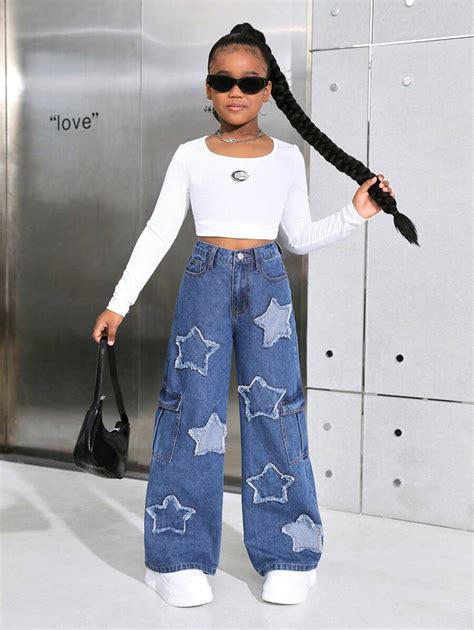 Shein בגדי סתיו טרנדיים בנות 2000 רפויים מכנסי גינס עם רגליים רחבות טלאי כוכבים וכיסים