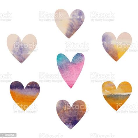 발렌타인 데이 또는 결혼식을위한 손으로 부드러운 수채화 하트를 그린 패키지 종이 섬유 또는 직물에 적합합니다 여섯 개의 하트 세트 수채화에 대한 스톡 벡터 아트 및 기타