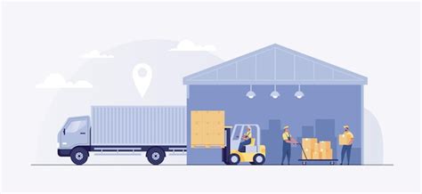 트럭에 팔레트 상자를 싣는 지게차 프리미엄 벡터