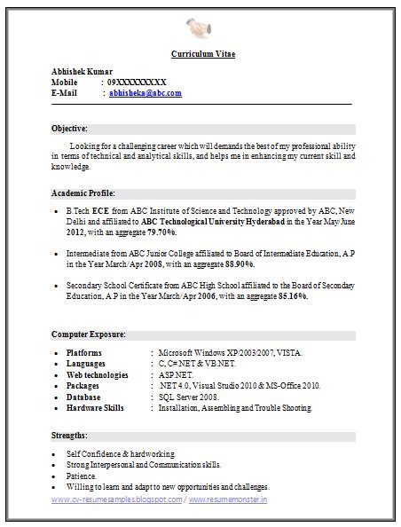B Tech Fresher Resume Examples Resume Format For Freshers Resume