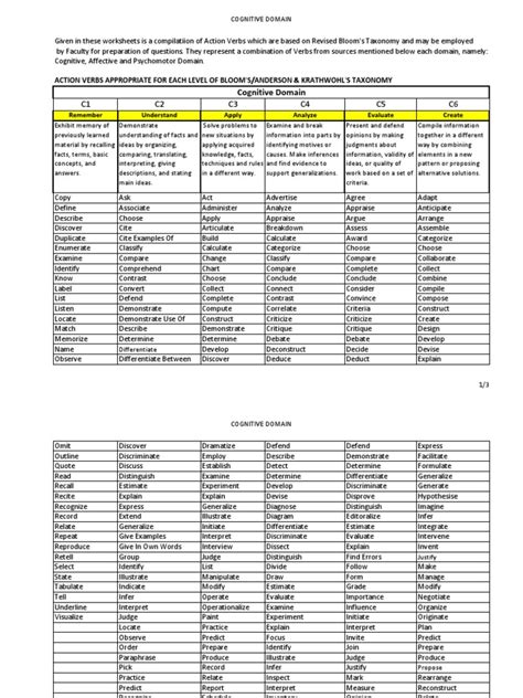 1 Action Verbs For The Cognitive Domain Pdf Science Applied