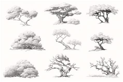 Premium AI Image Collection Minimal Style Tree Line Drawing Side View Set Of Graphics Trees