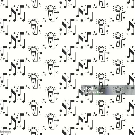 노래방 완벽 한 패턴입니다 마이크와 노트 아이콘입니다 축 하 파티 장식 요소입니다 벡터 일러스트입니다 배경입니다 흑인과 백인 디자인을 위한 그래픽 텍스처입니다 인쇄 Dj에