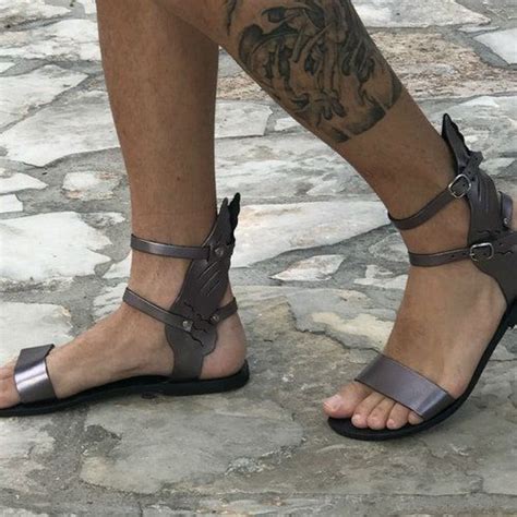 Gladiator Sandals For Men Handmade Black Leather Sandals Knee Length Roman Greek Unusual