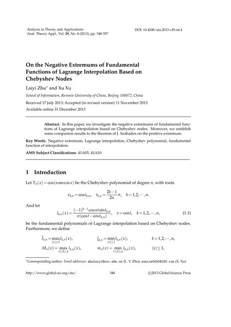 Global Science Press On The Negative Extremums Of Fundamental Functions Of Lagrange