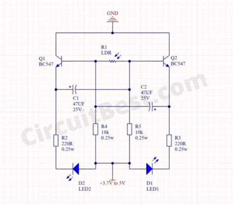 Simple Light Sensitive Dual LED Flasher Circuit With LDR CircuitBest