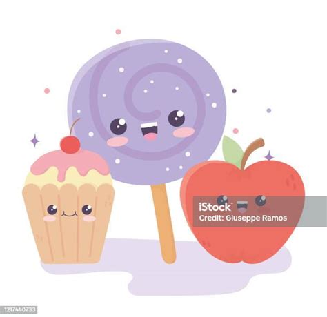 스틱과 컵 케이크 가와이 이 만화 캐릭터에 귀여운 Appple 사탕 사랑에 대한 스톡 벡터 아트 및 기타 이미지 사랑 아이콘 오븐에 굽기 Istock