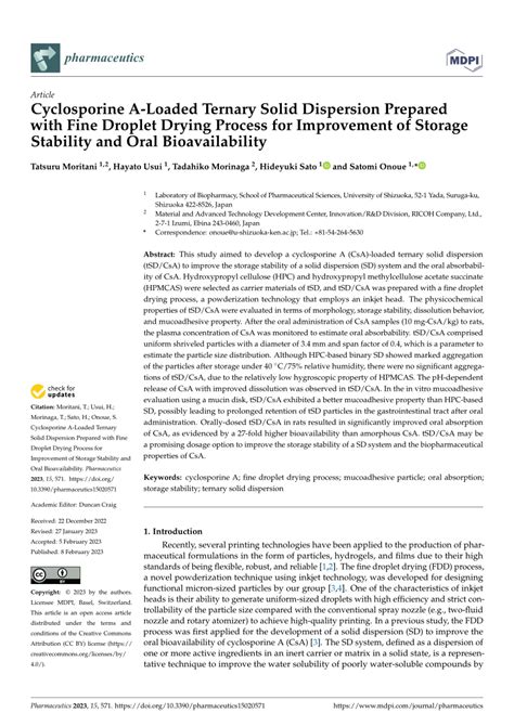 Pdf Cyclosporine A Loaded Ternary Solid Dispersion Prepared With Fine Droplet Drying Process