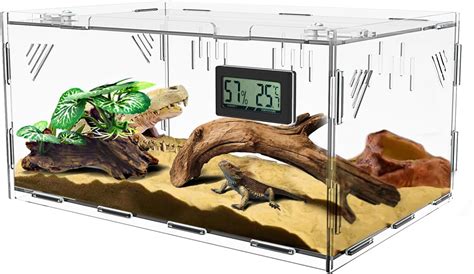 Amazon トカゲ ケージ 爬虫類 ケージ 飼育ケース 温度湿度計付き 爬虫類テラリウムタンク 昆虫飼育ケース 透明 通気ケージ 給餌箱