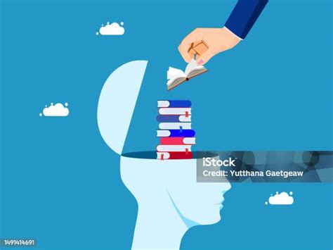 학습 향상의 개념입니다 책을 들고 있는 사업가의 손과 함께 인간의 머리에 책 더미 과학에 대한 스톡 벡터 아트 및 기타 이미지