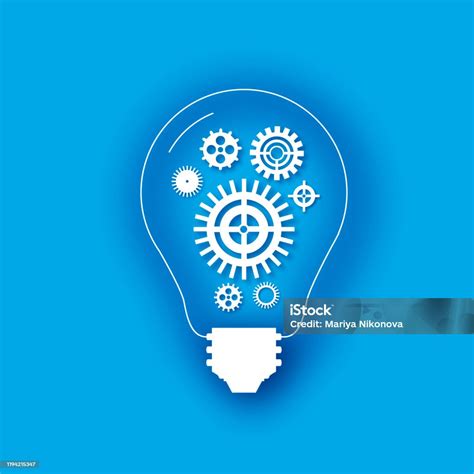 종이 컷 스타일로 내부에 전구와 톱니바퀴 함께 작동하는 기어와 톱니 바퀴종이 전구 종이 접기 전구 비즈니스 아이디어의 개념입니다 팀웍 전략 협력 파란색 배경입니다 개념에