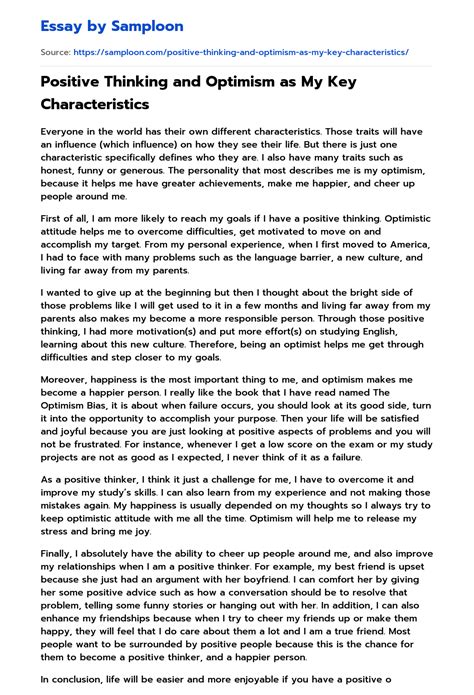 ≫ Positive Thinking And Optimism As My Key Characteristics Free Essay Sample On