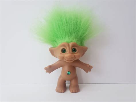 Vintage Ace Novelty Treasure Troll Green Hair Green Star Jewel Green