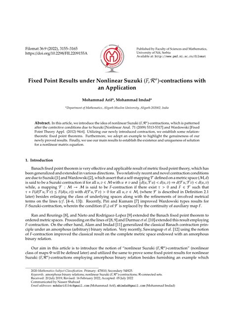 Pdf Fixed Point Results Under Nonlinear Suzuki F R Contractions With An Application