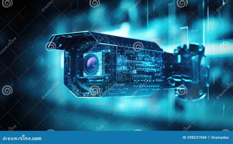 Modern Cctv Camera With Double Exposure Of Cyber Security Interface