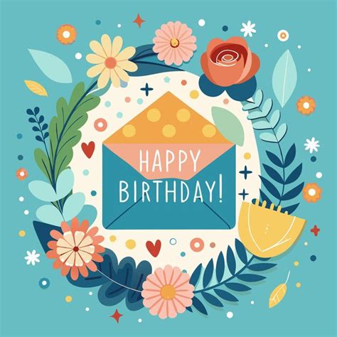 생일 축하 사각형 배경 손으로 그린 꽃받침 봉투와 꽃 터 프리미엄 벡터