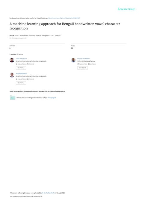 PDF A Machine Learning Approach For Bengali Handwritten Vowel Character Recognition