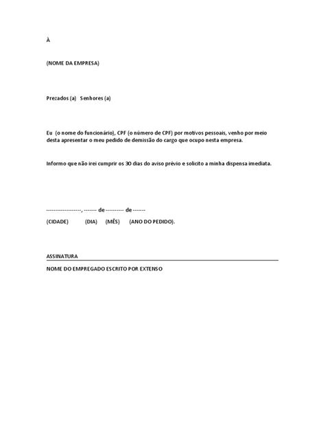 Modelo De Carta Pedido De Demissão Aviso Indenizado Pdf